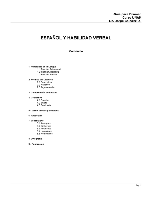 Guía de Examen de Admisión UNAM) Examen de Español I
